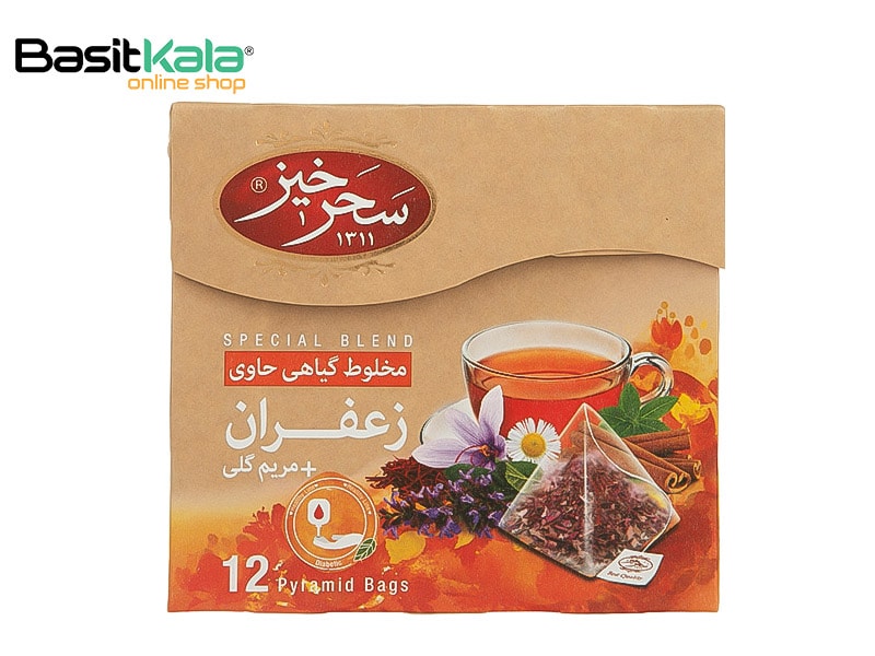 قیمت، مشخصات و خرید دمنوش مخلوط گیاهی حاوی زعفران و مریم گلی کیسه ای 12